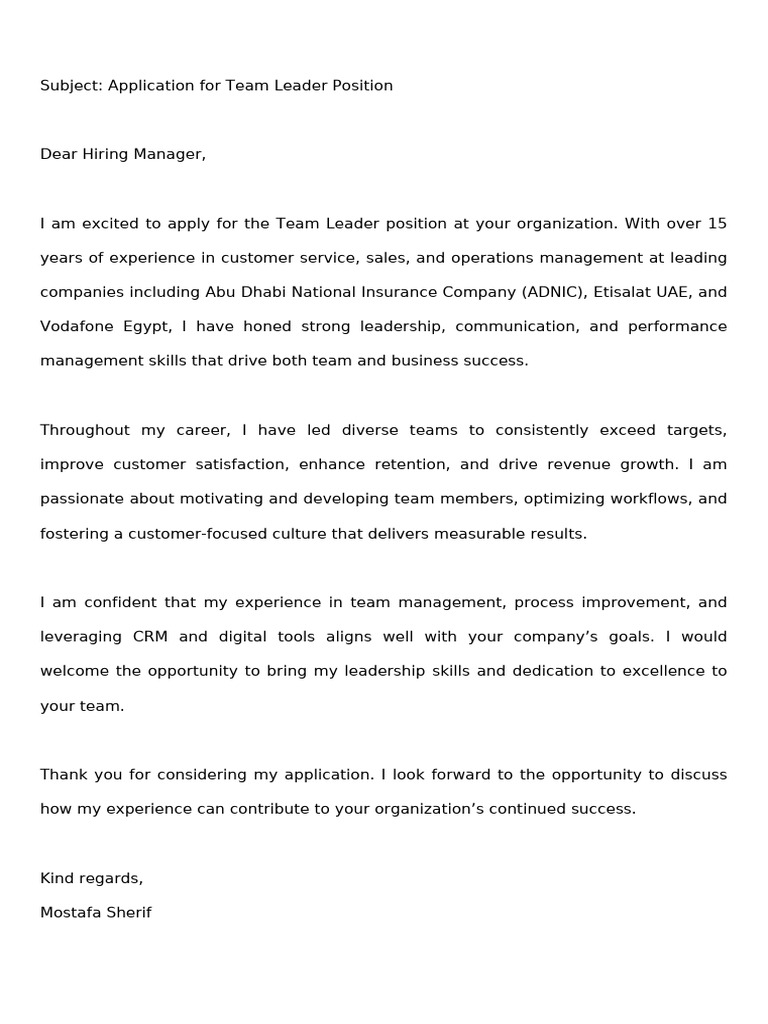Team Leader Cover Letter | PDF