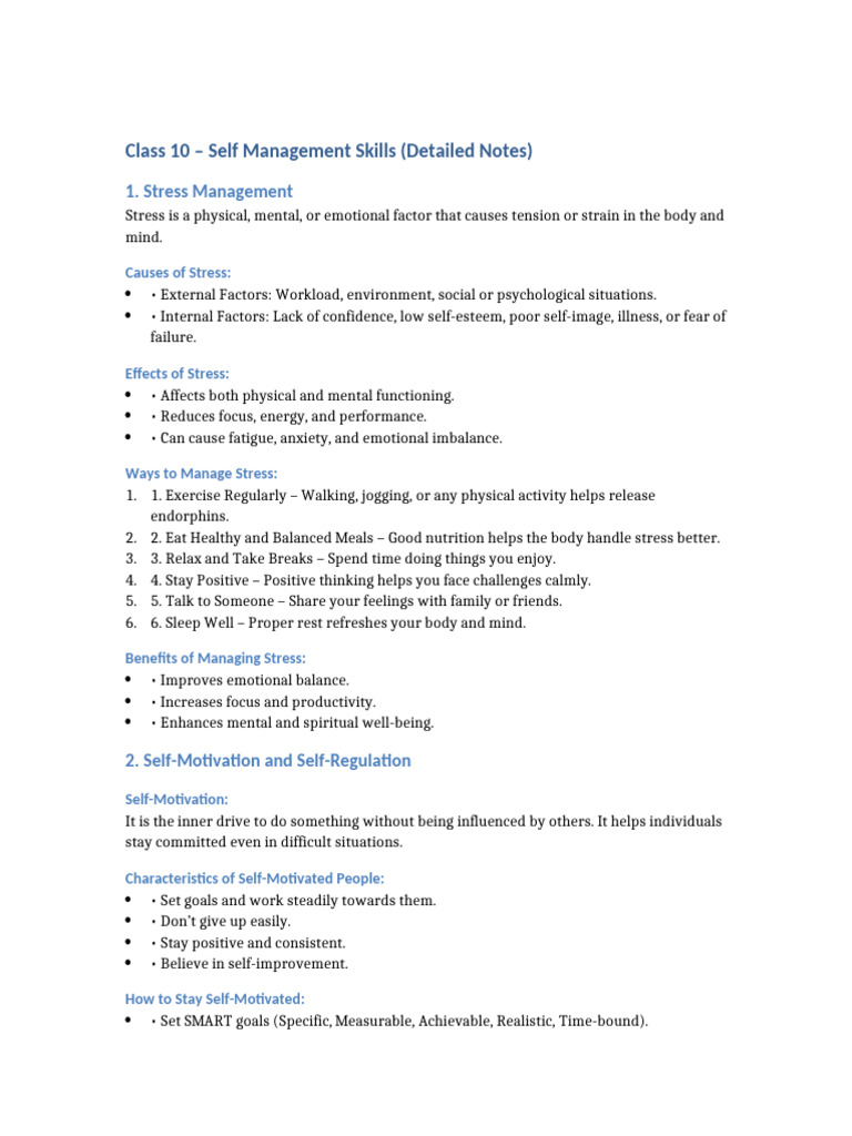 Class 10 Self Management Skills Guide | PDF | Emotional Self Regulation ...