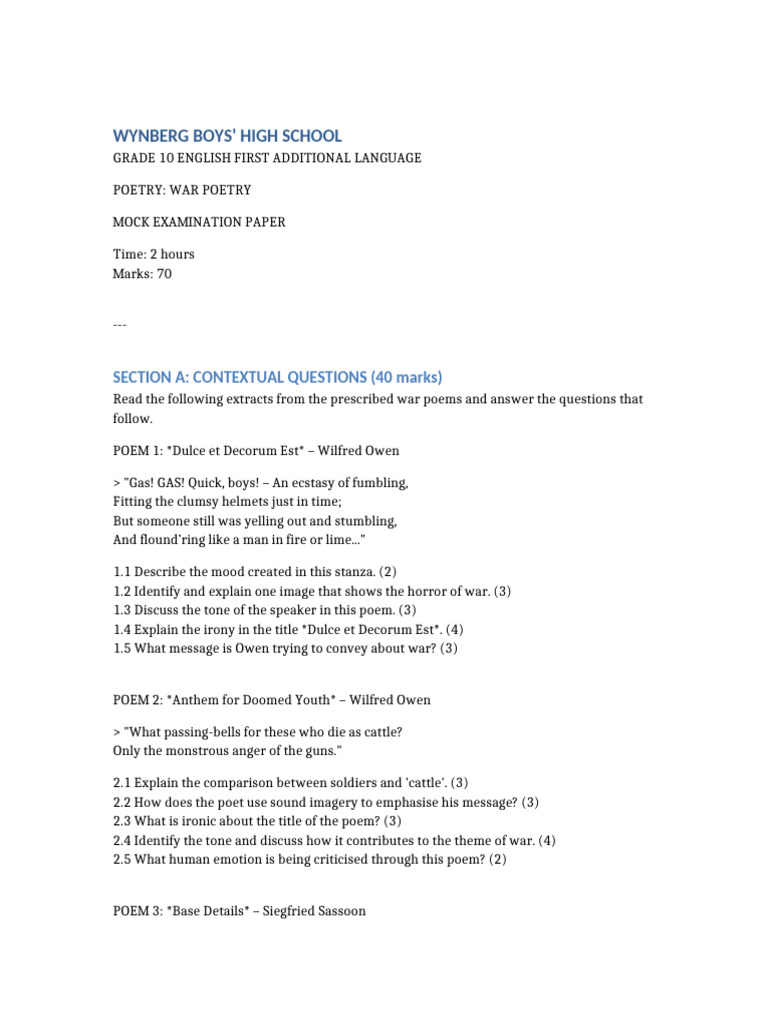 Grade 10 War Poetry Mock Exam Paper | PDF | Poetry