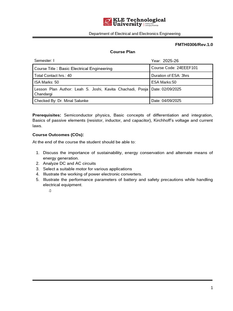 LP24EEEF101 - Basic Electrical Engineering - 2025 - 26 - LP - 40h As ...