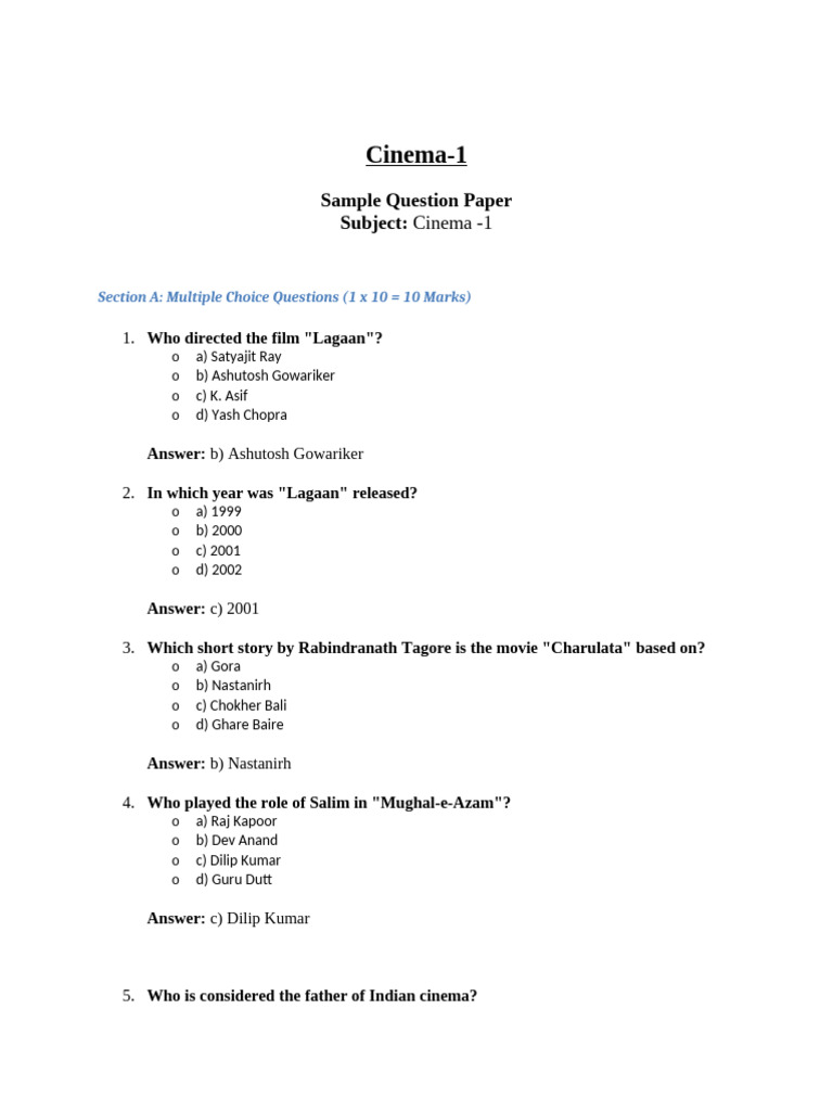 Sample Question Paper - Cinema | PDF | Cinema Of India | Cinematography