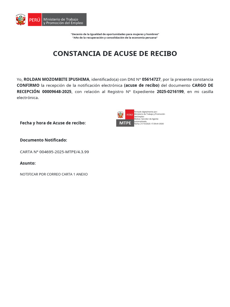 Acuse de Recibo del Ministerio de Trabajo | PDF