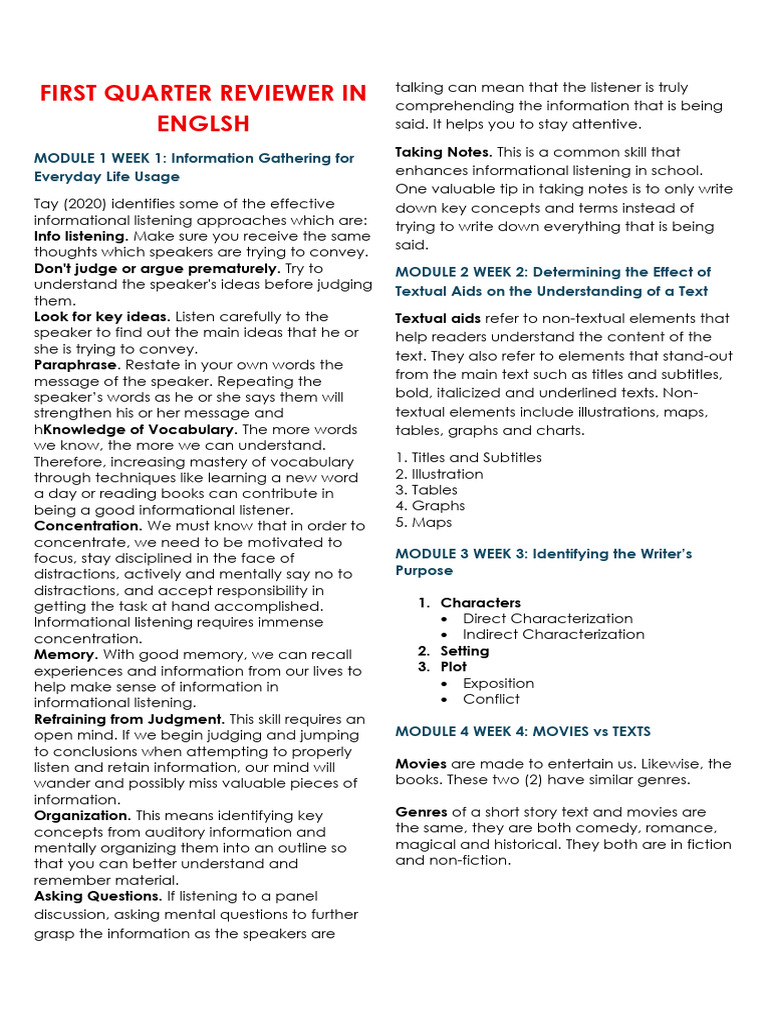First Quarter English Review Guide | PDF | Nonverbal Communication | Hero