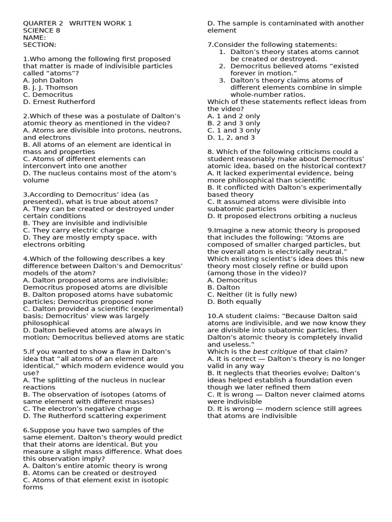 SCIENCE GRADE 8-Quarter 2, Week1 Seatwork | PDF | Atoms | Atomic Nucleus