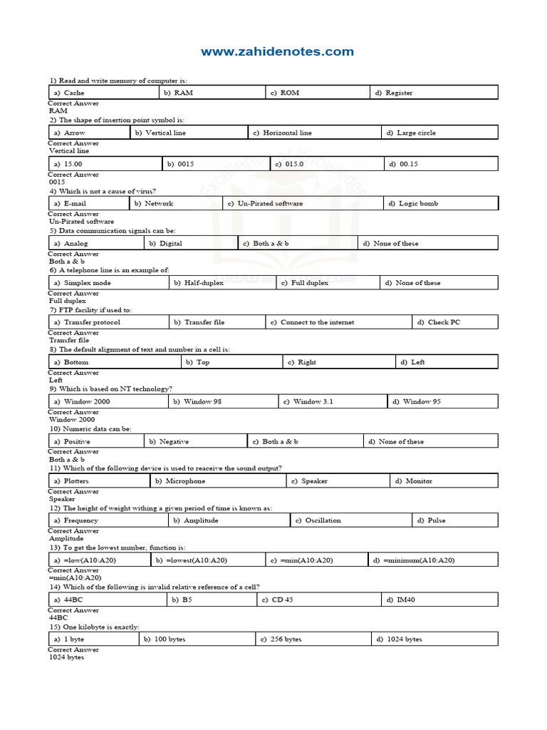 Computer Basics Quiz Questions | PDF | Random Access Memory | Computer ...