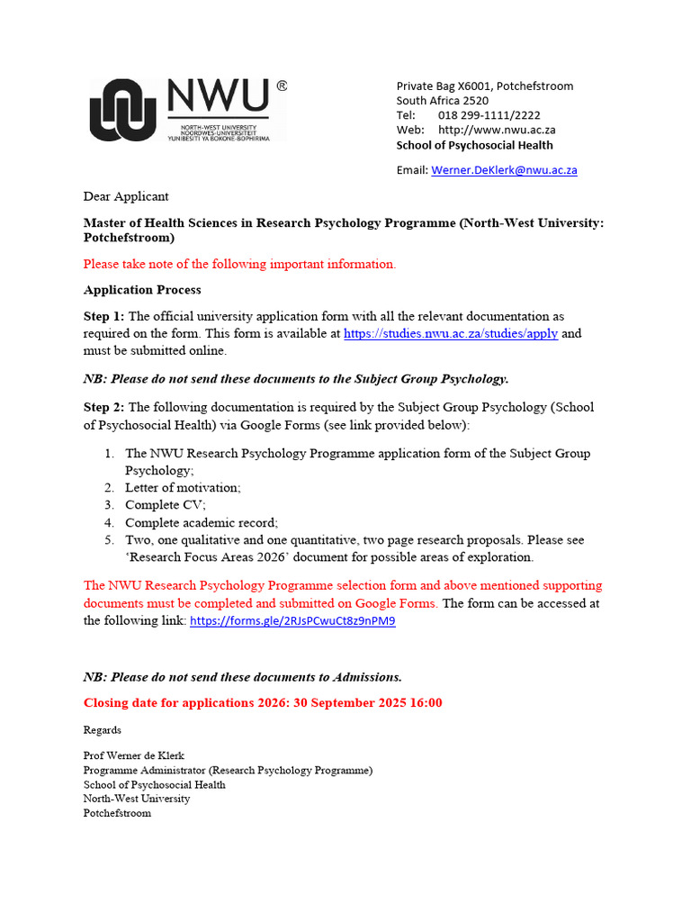 NWU Master of Health Sciences Application | PDF