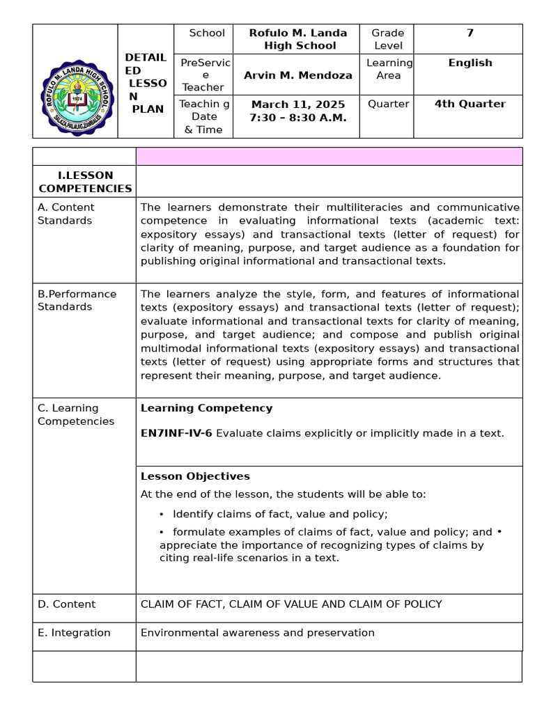Final Demo (Detailed Lesson Plan) | PDF | Learning