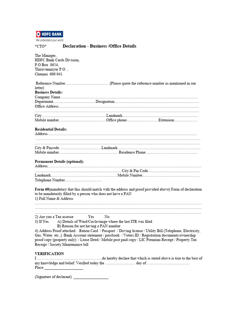 Business Declaration Form for HDFC Bank | PDF | Personal Identification ...