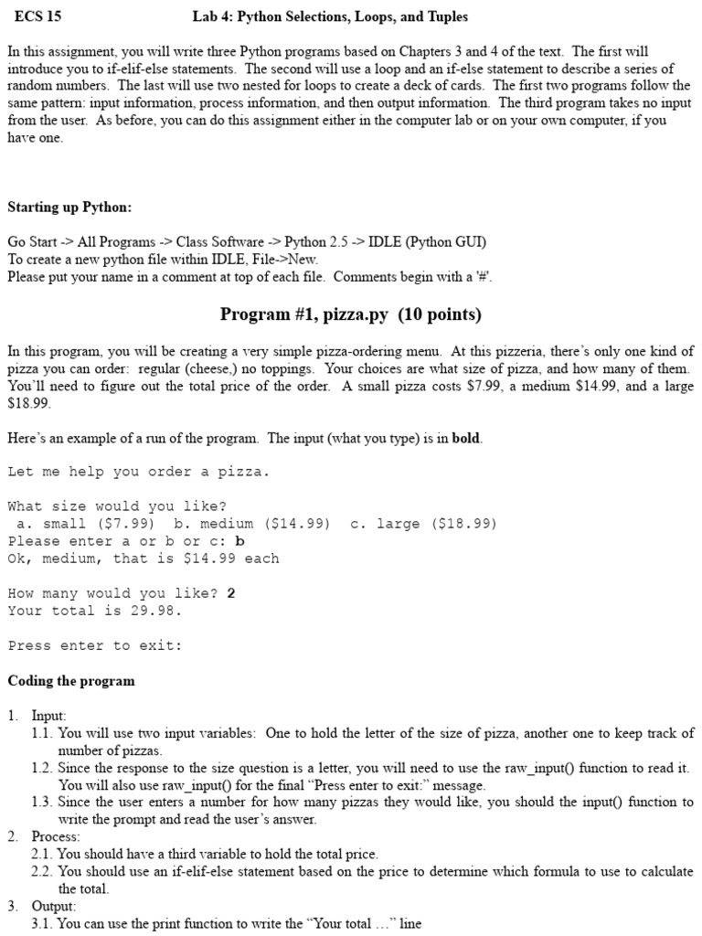 Lab 4 - Python Selection, Loops, and Tuples. | PDF | Input/Output | Computing
