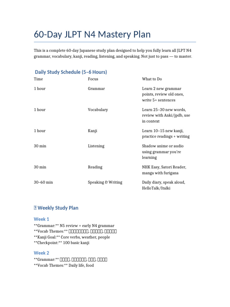 60-Day JLPT N4 Mastery Guide | PDF | Kanji | Japanese Language
