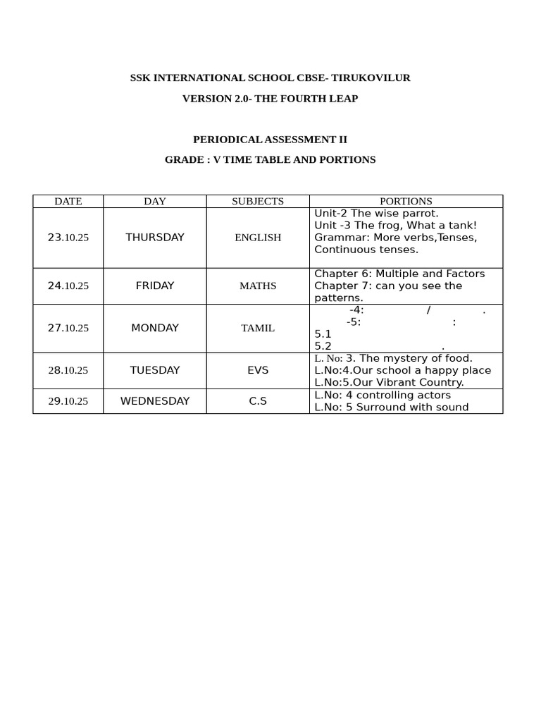 Grade V - Pa II Time Table and Portions-1 | PDF