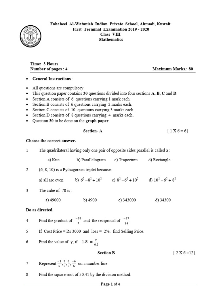 Class 8 First Term Exam Maths 2019 - 20 | PDF | Mathematics