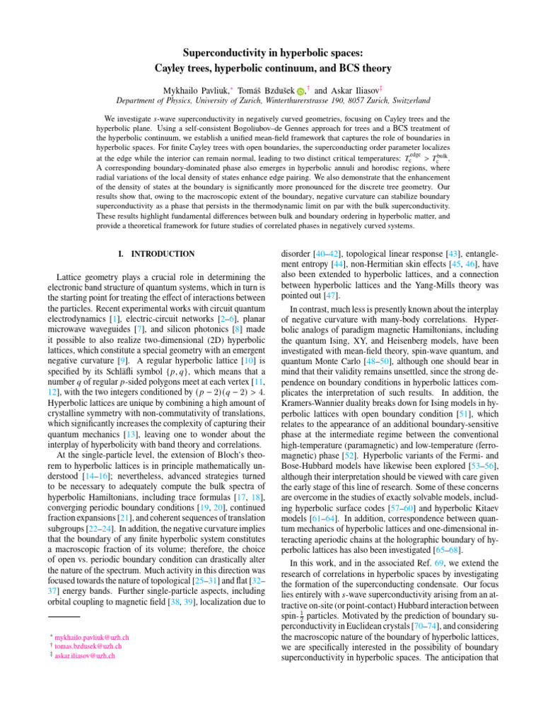 Superconductivity in Hyperbolic Spaces: Cayley Trees, Hyperbolic Continuum, and BCS Theory | PDF ...