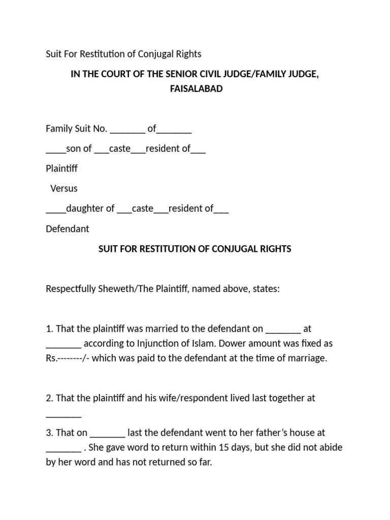 Suit For Restitution of Conjugal Rights Draft MLA | PDF