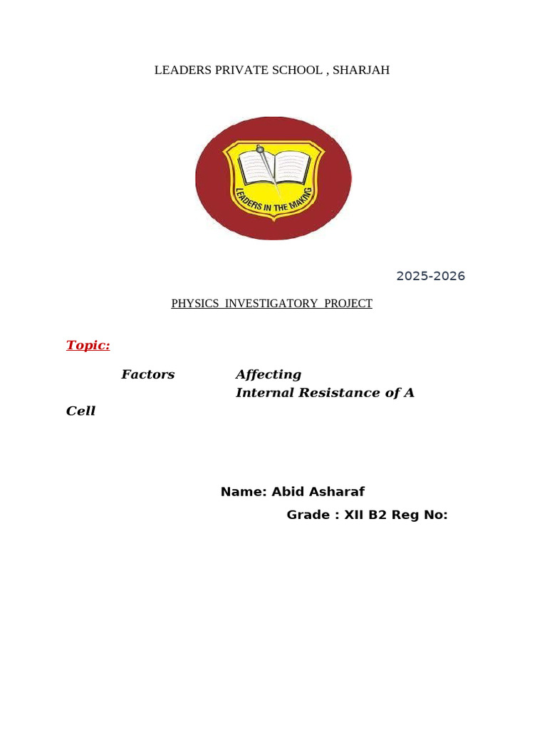 Physics Investigatory Project-Internal Resistance of A Cell by ABid ...