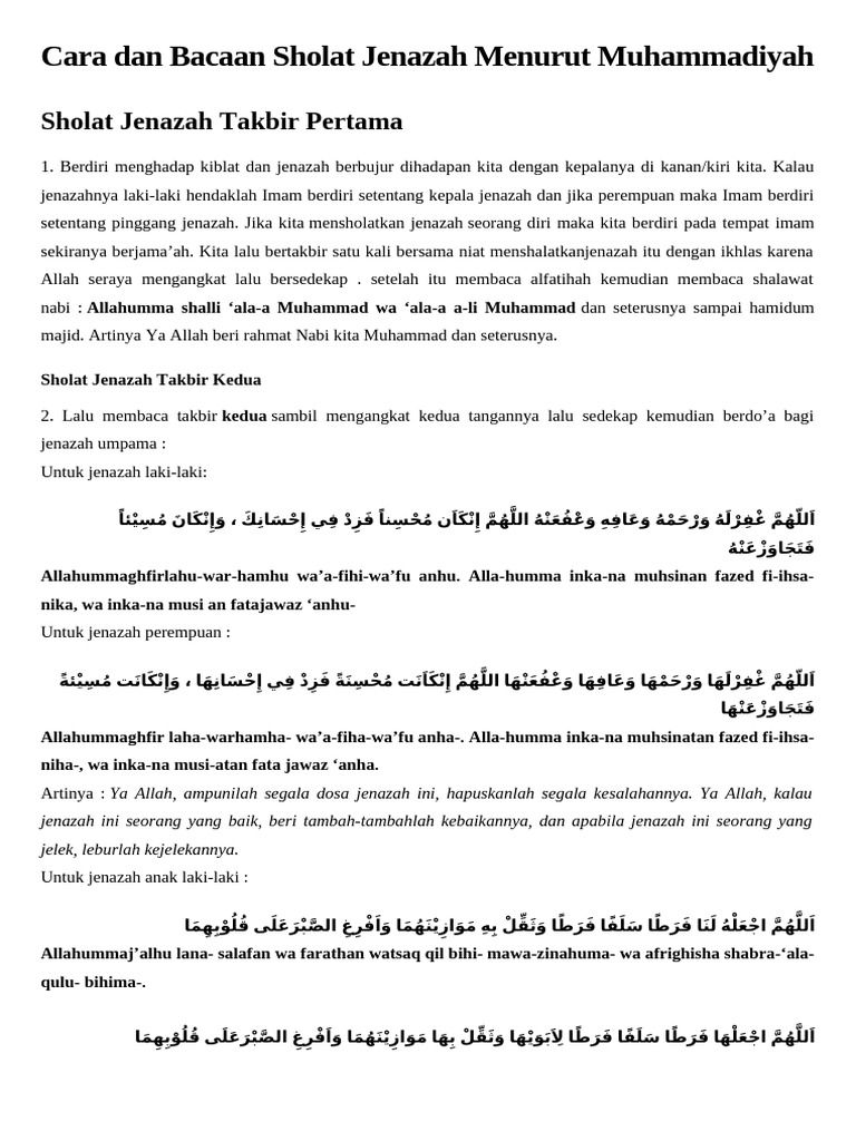 Cara Dan Bacaan Sholat Jenazah Menurut Muhammadiyah | PDF