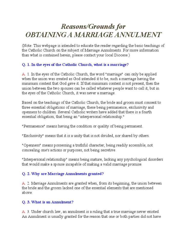Reasons or Grounds for Marriage Annulment of Catholic Marriage ...