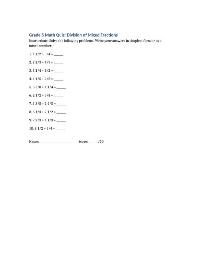 Grade 5 Mixed Fraction Division Quiz | PDF