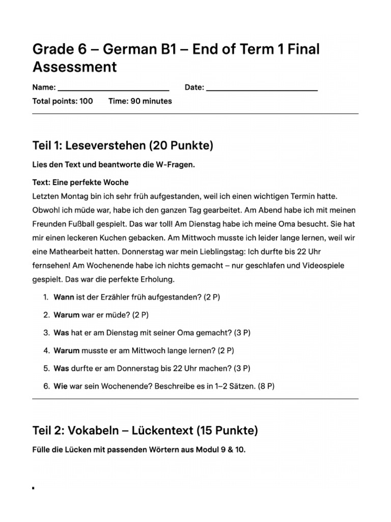 German Term 1 Final Assessment | PDF