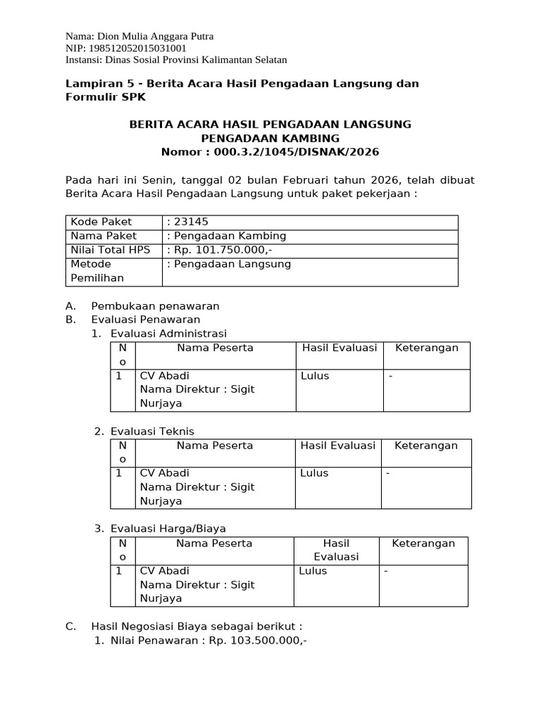 Dion Mulia Anggara Putra - Lampiran 5 - Berita Acara Hasil Pengadaan ...