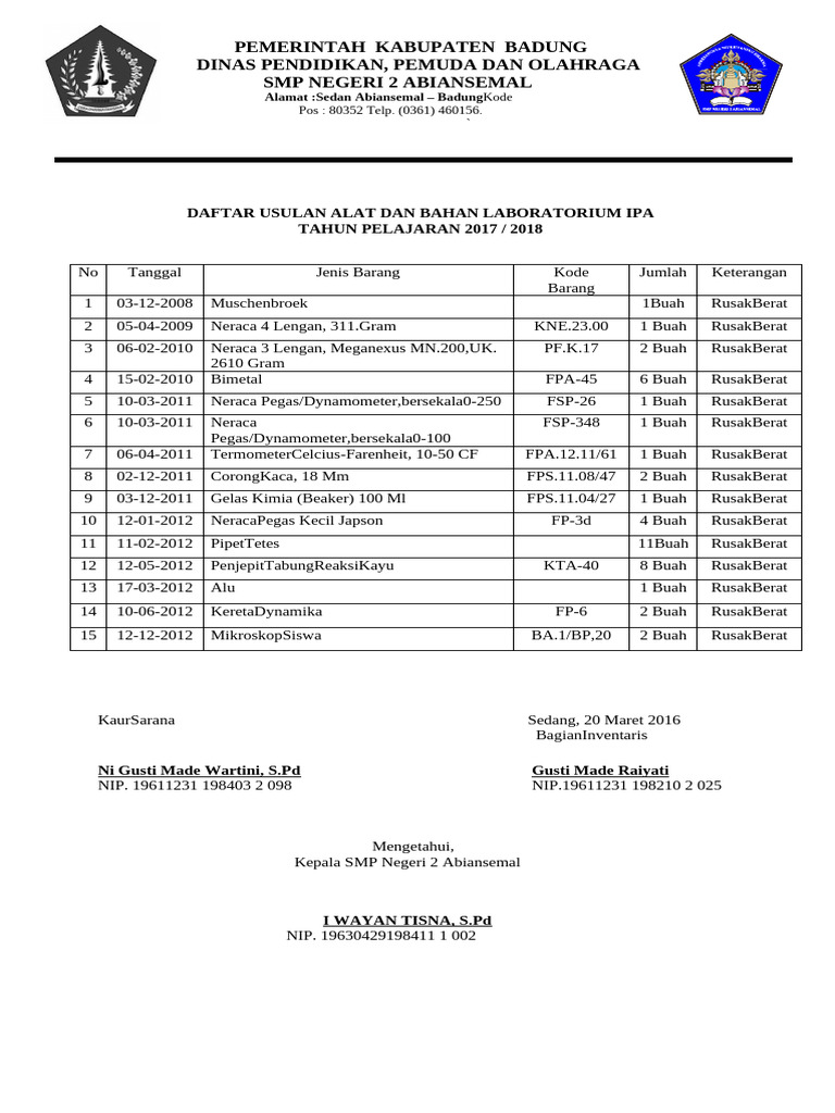 DAFTAR BARANG RUSAK & USULAN ALAT BARANG | PDF