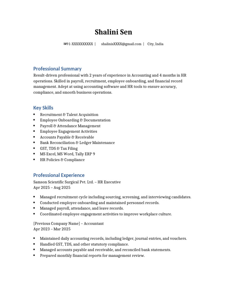 Shalini Sen HR Accountant Resume | PDF