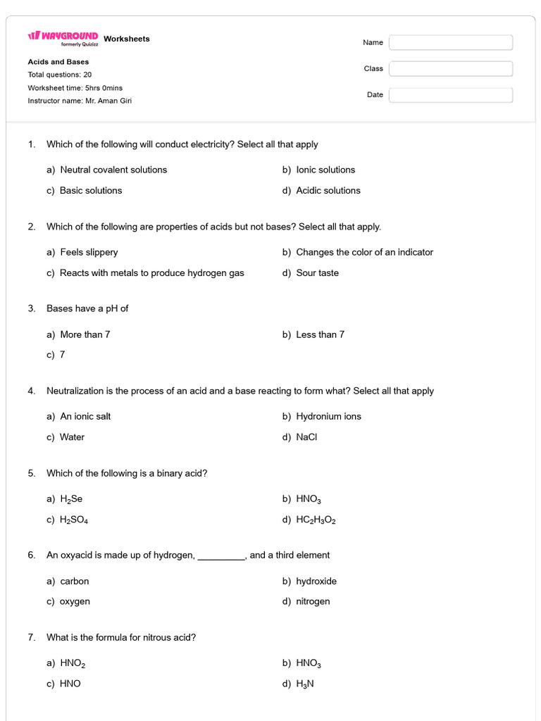 Acids and Bases Worksheet for Students | PDF | Acid | Hydroxide