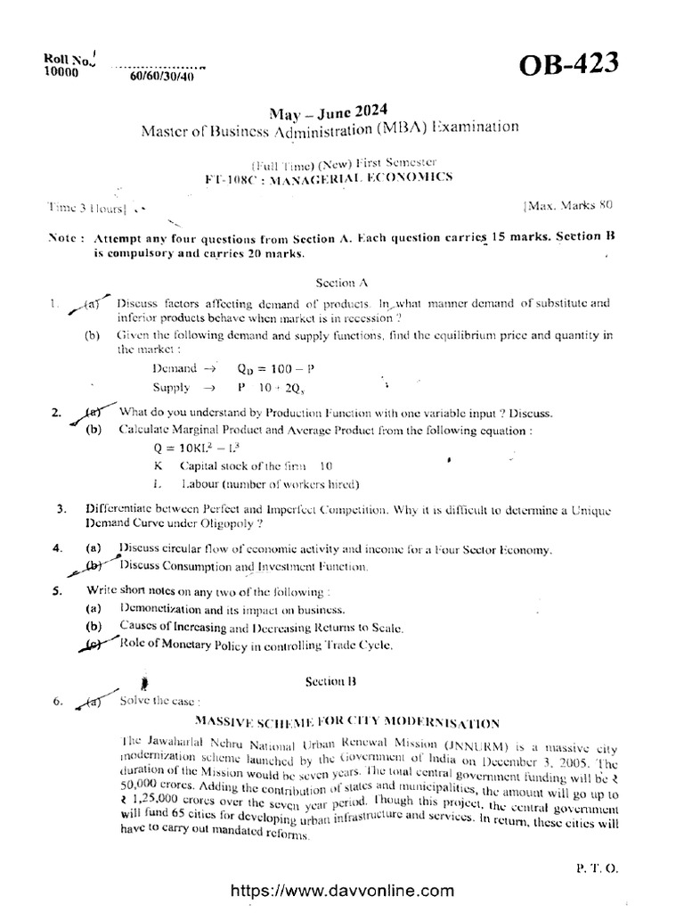 Mba 1 Sem Managerial Economics Ob 423 Jun 2024 | PDF