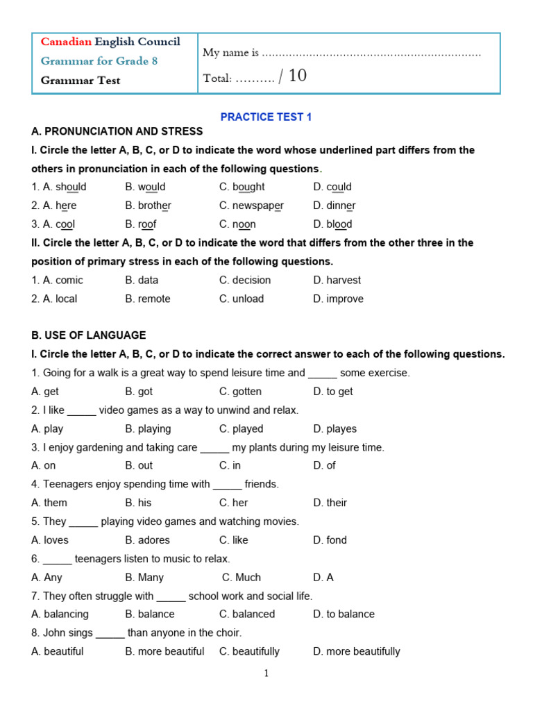 Grade 8 - Term I - Practice Test 1 | PDF | Adolescence