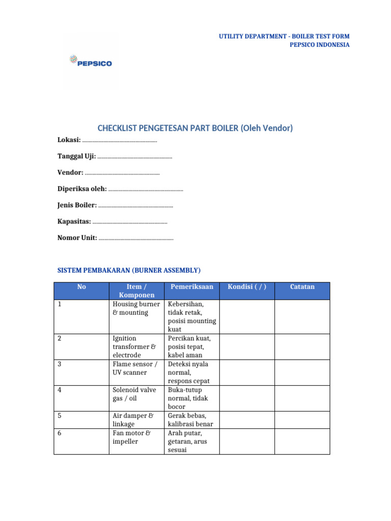 Formulir Uji Boiler PepsiCo Indonesia | PDF