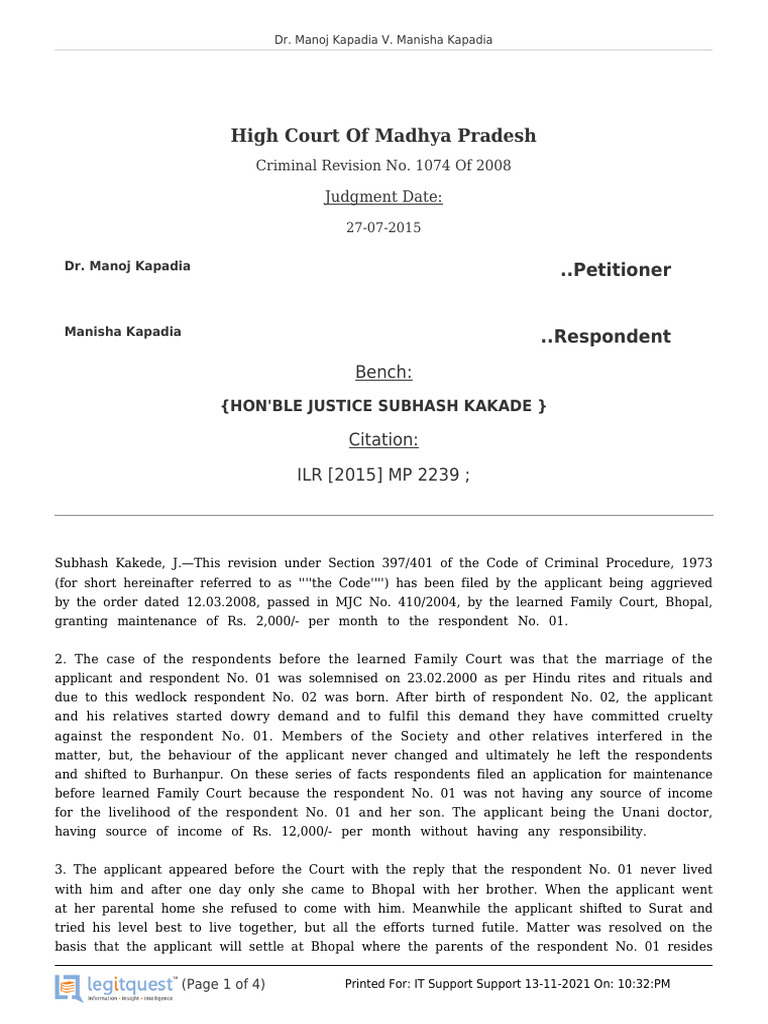 DR Manoj Kapadia V Manisha Kapadia | PDF | Father | Justice