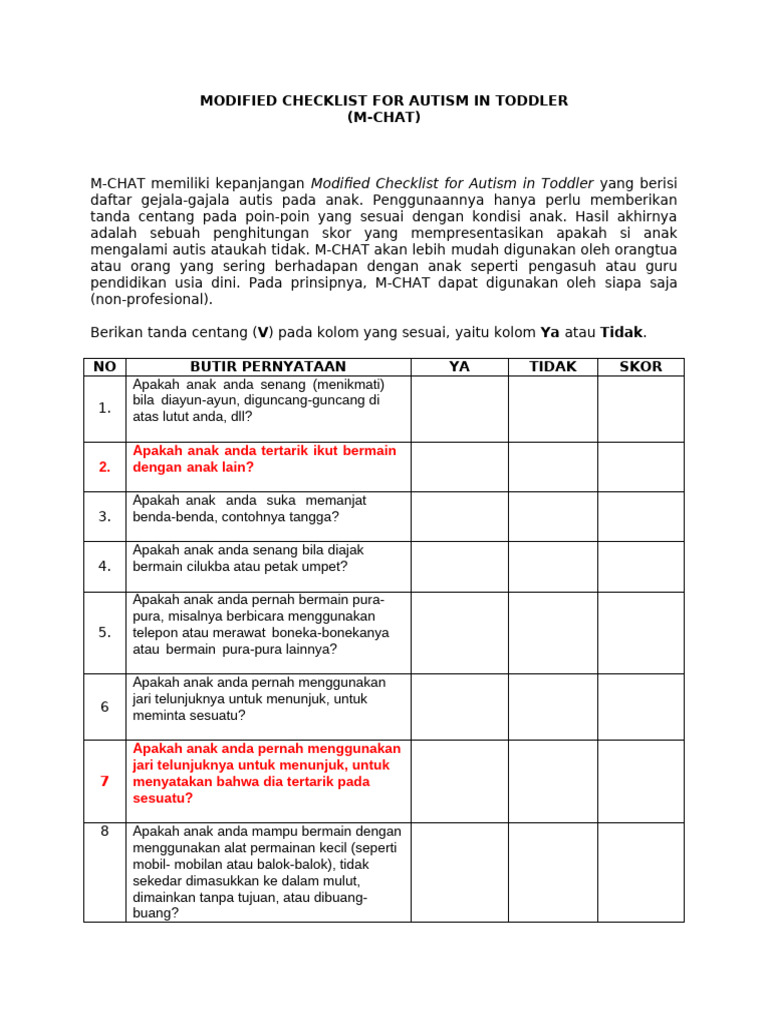 Modified Checklist For Autism in Toddler | PDF