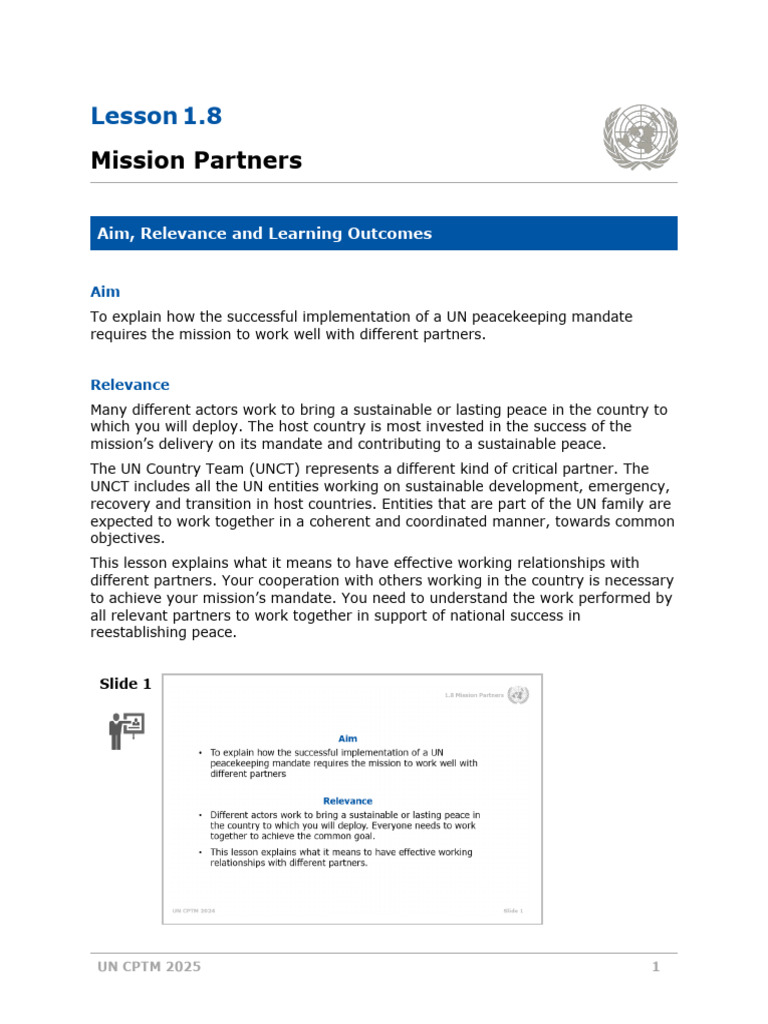 M1 - Lesson 1.8 Mission Partners - Lesson | PDF | Peacekeeping | United ...