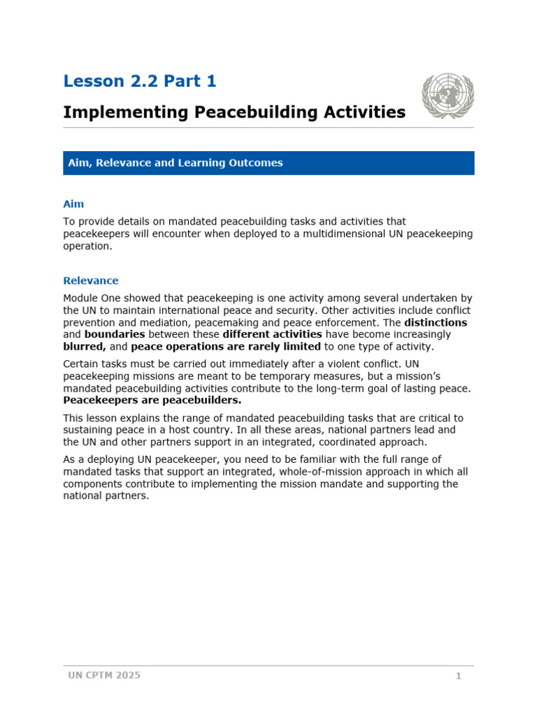 Implementing UN Peacebuilding Activities | PDF | Peacebuilding | Land Mine