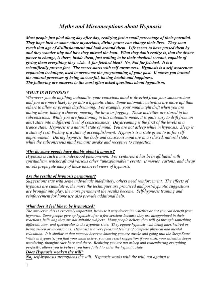 Myths and Misconceptions About Hypnosis | PDF | Hypnotherapy | Hypnosis