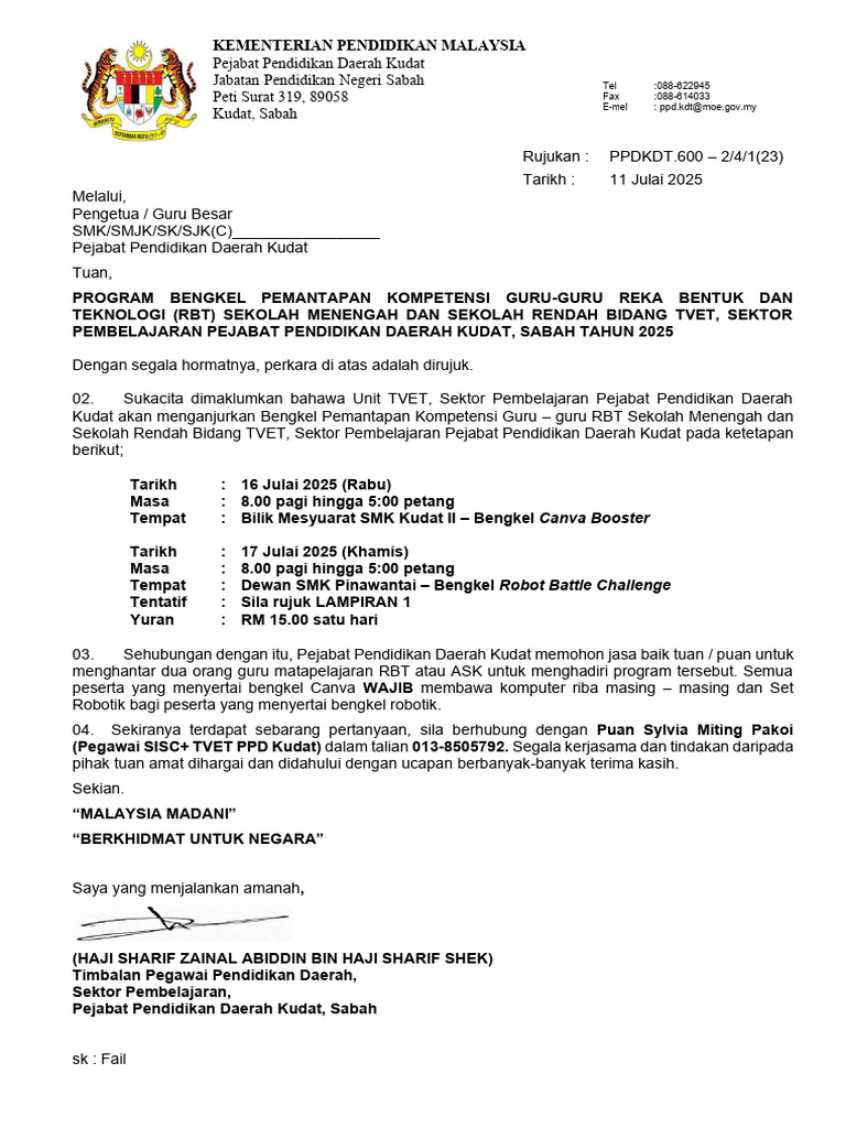 Surat Undangan Bengkel Canvabot PPD Kudat 2025 Bertarikh 16 Dan | PDF