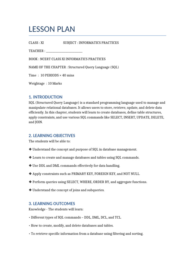 Class 11 SQL Lesson Plan | PDF | Sql | Databases