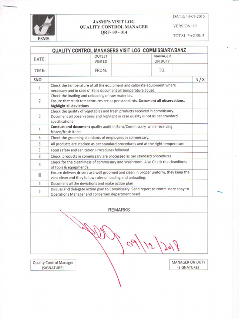 Quality Control Managers Viist Log Commissary & Banz | PDF