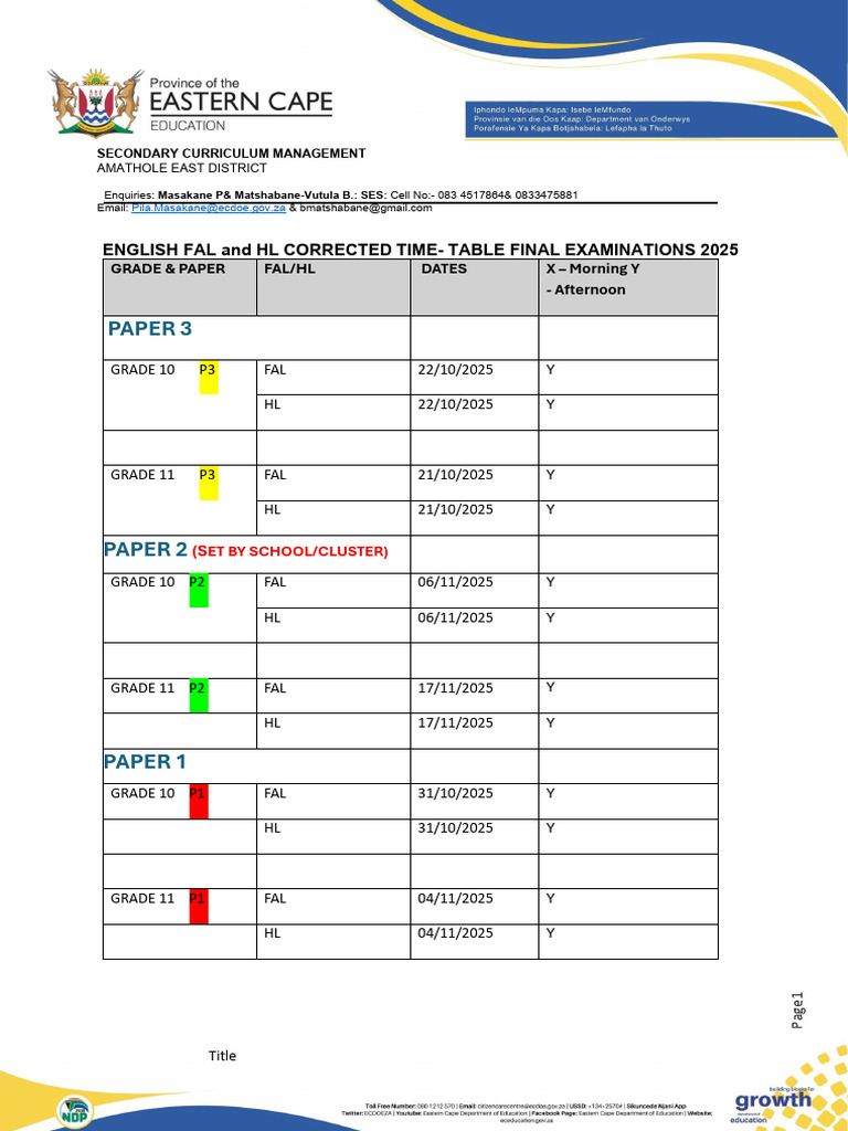 Grade 10-11 Final Exam Timetable 2025 | PDF