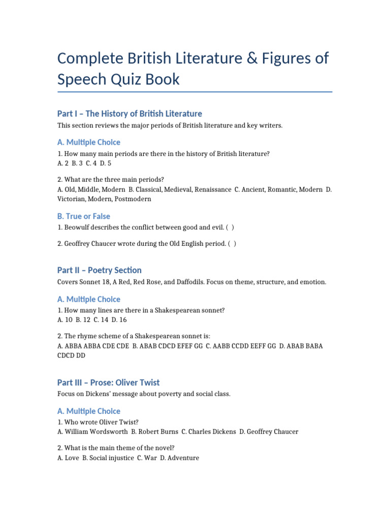 British Literature Quiz & Figures of Speech | PDF