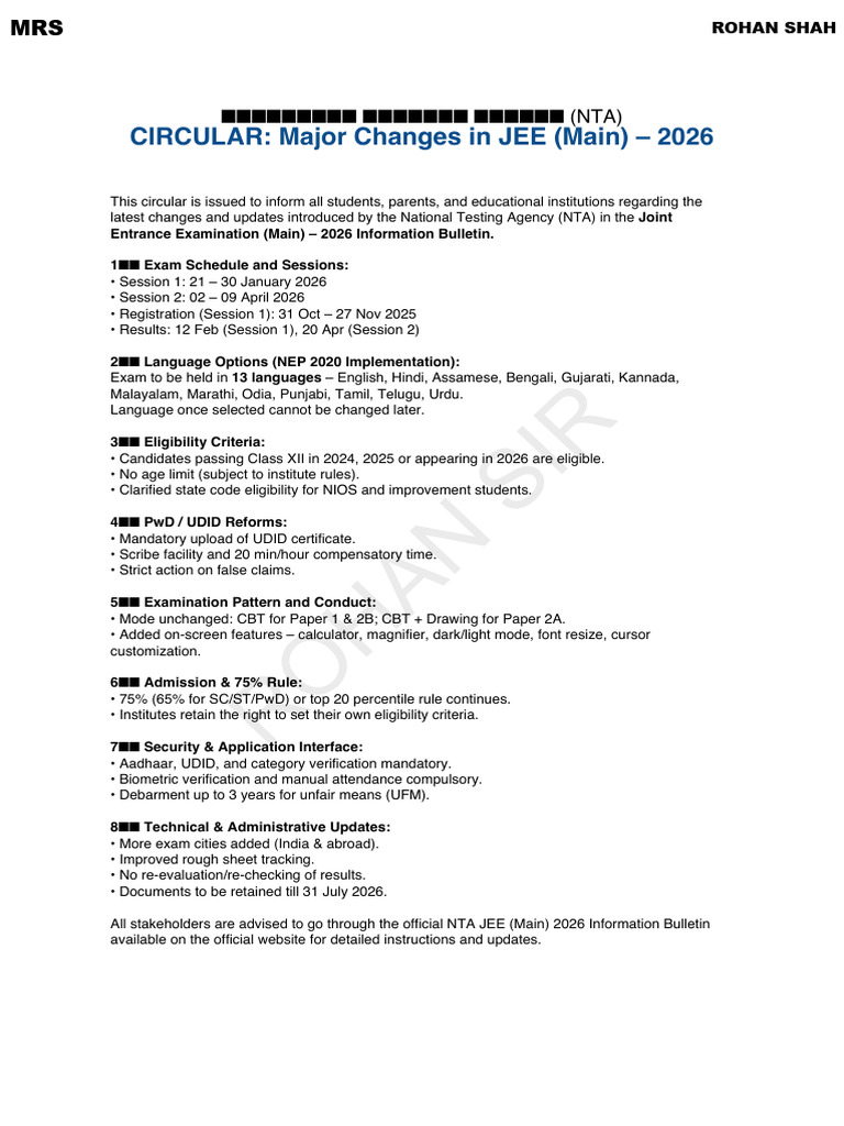 JEE Main 2026: Key Changes & Updates | PDF | Qualifications | Student ...