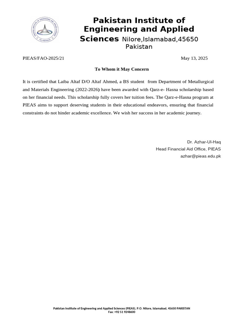 21-Certificate of Financial Assistance | PDF