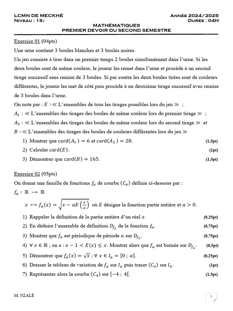 LCMN de Meckhé Année 2024/2025 Niveau: 1S Durée: 04H Mathématiques ...