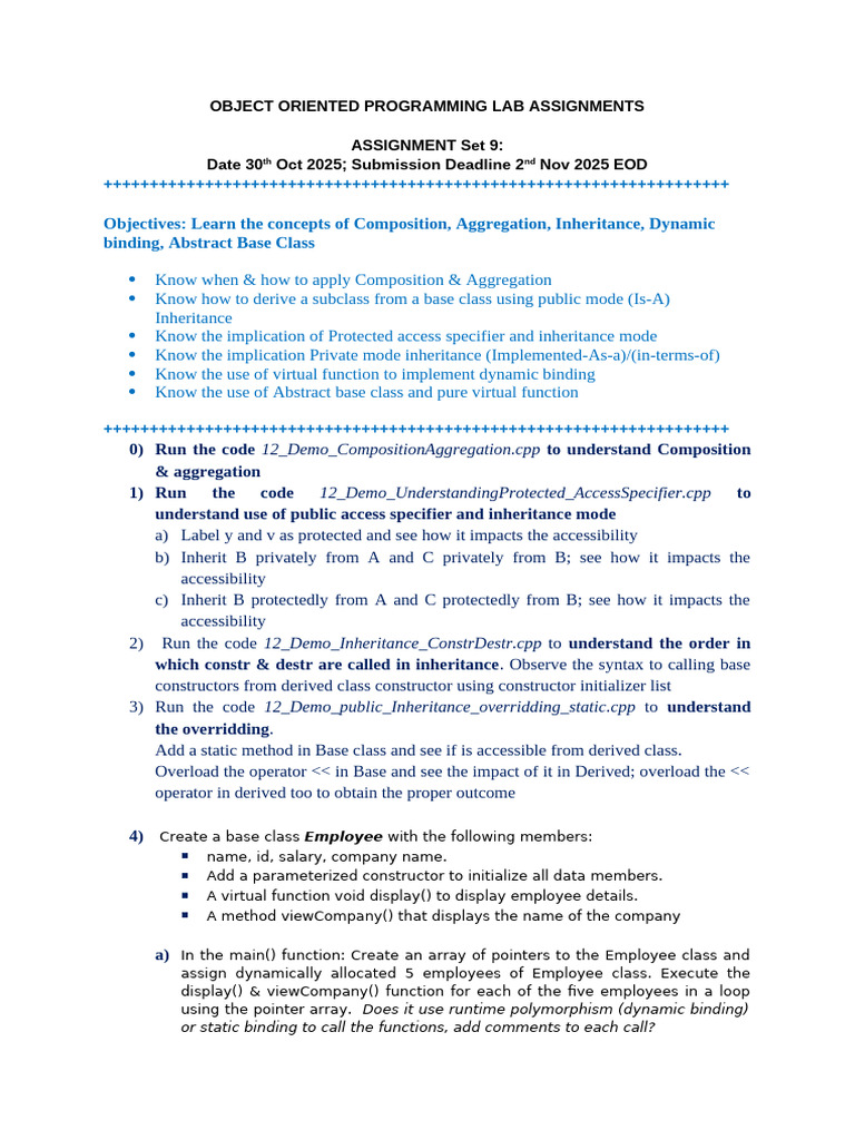OOPs Lab Assignments Set 9 2025 - Composition Aggregation Inheritance | PDF | Inheritance ...