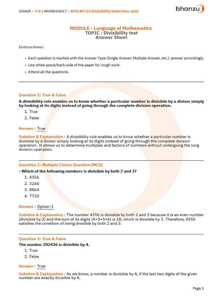 Divisibility Detectives Quiz for Grades 7-8 | PDF | Numbers | Multiple ...