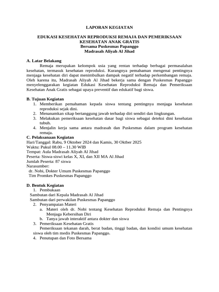 LAPORAN KEGIATAN Kesehatan Reproduksi | PDF