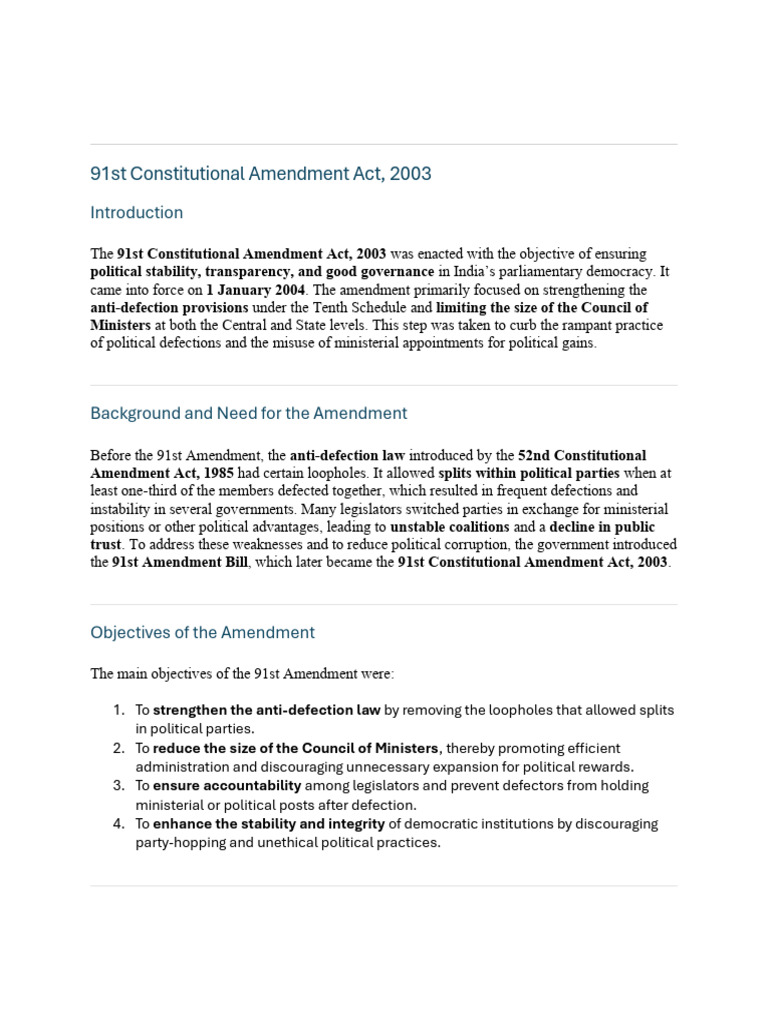 91st Constitutional Amendment Act, 2003: in India's Parliamentary ...