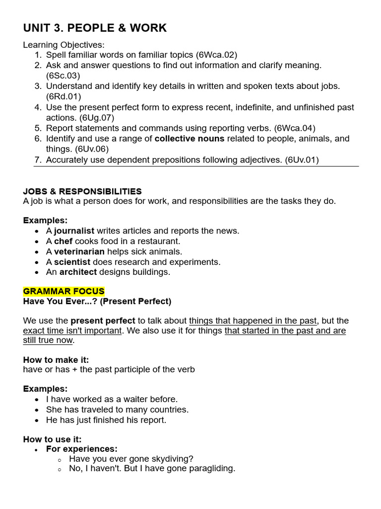 Unit 3 People & Work Handout | PDF | Adjective | Semantics