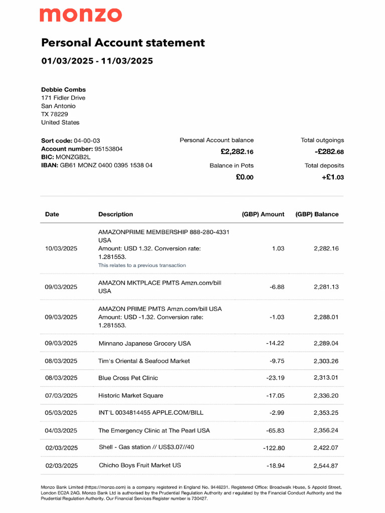 Monzo - Bank - Statement - 2025 03 01 2025 03 11 - 678 | PDF