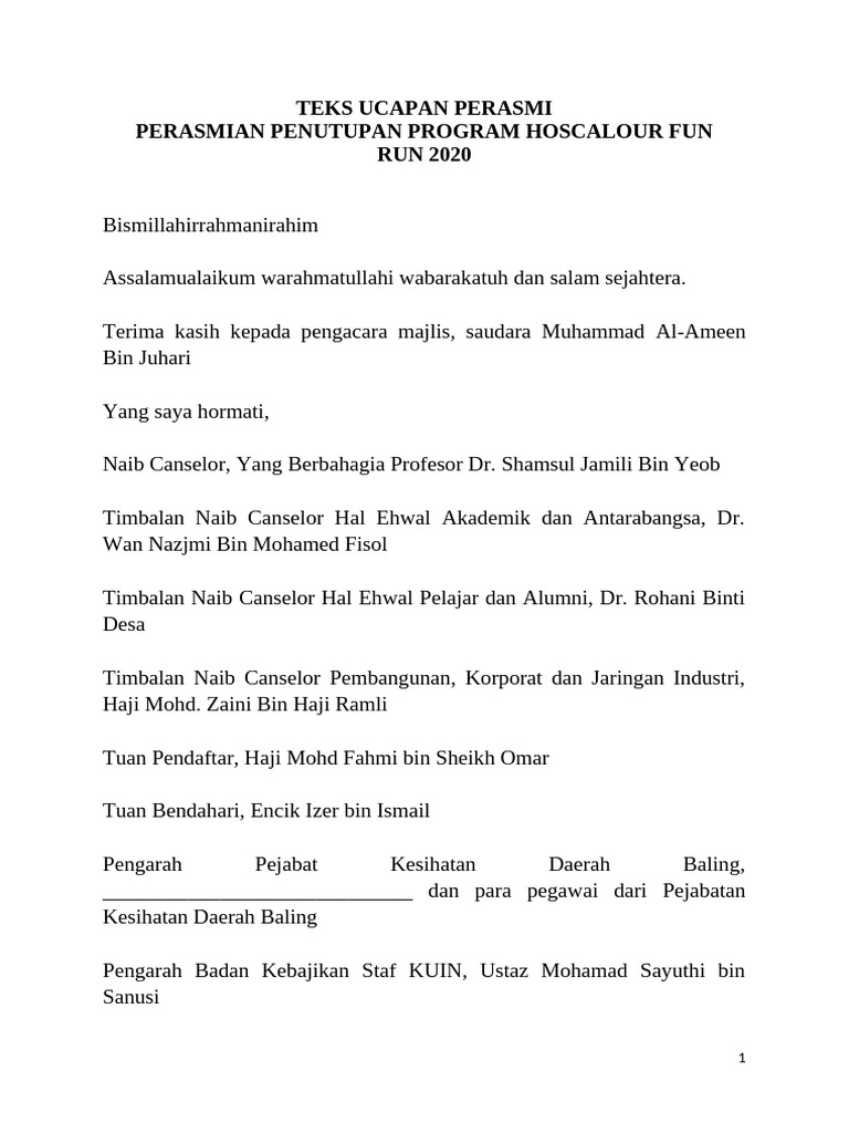 Teks Ucapan Perasmian Penutupan HOSCALOUR Fun Run 2020 | PDF